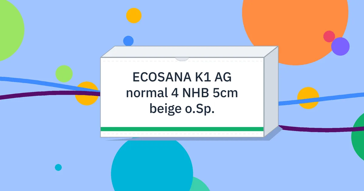 Symbolbild: Packung mit der Aufschrift ECOSANA K1 AG normal 4 NHB 5cm beige o.Sp. (PZN 04728201) – Verfügbarkeit und Bezug in Apotheken in Frankfurt am Main