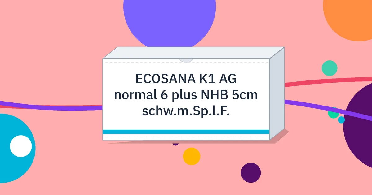 Symbolbild: Packung mit der Aufschrift ECOSANA K1 AG normal 6 plus NHB 5cm schw.m.Sp.l.F. (PZN 04729703) – Verfügbarkeit und Bezug in Apotheken in Frankfurt am Main