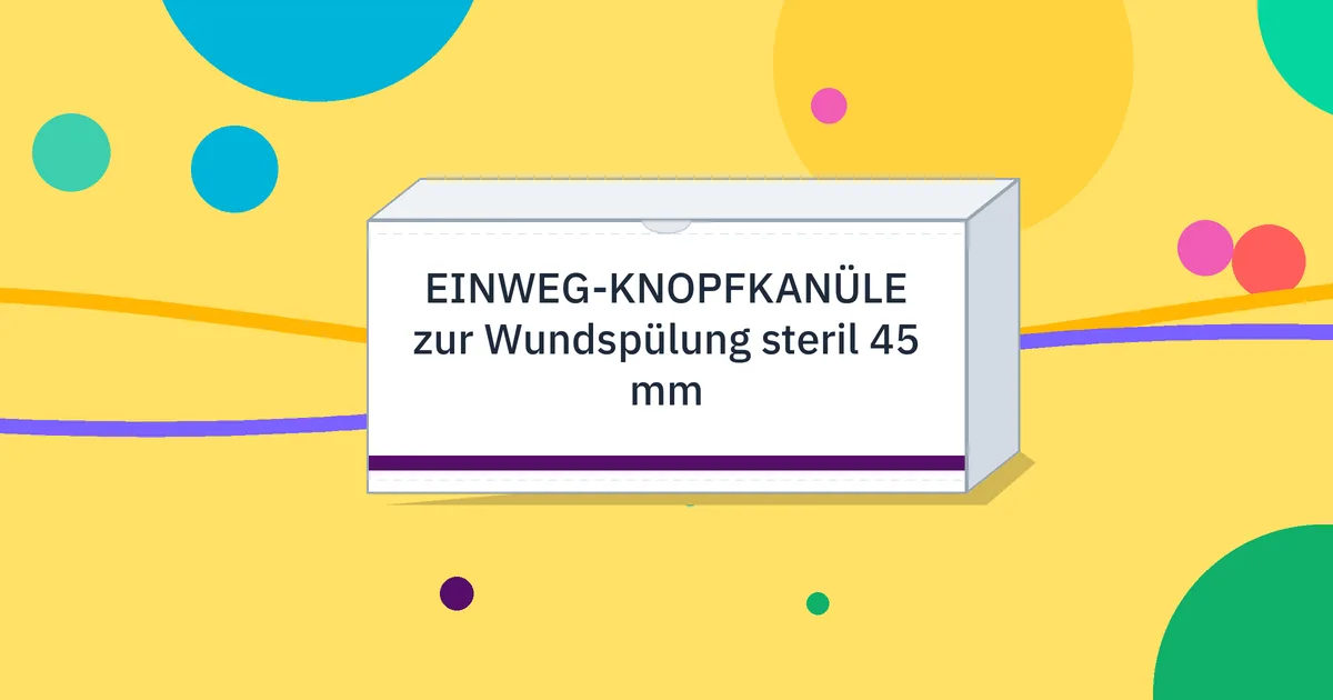 Symbolbild: Packung mit der Aufschrift EINWEG-KNOPFKANÜLE zur Wundspülung steril 45 mm (PZN 16956812) – Verfügbarkeit und Bezug in Apotheken in Frankfurt am Main
