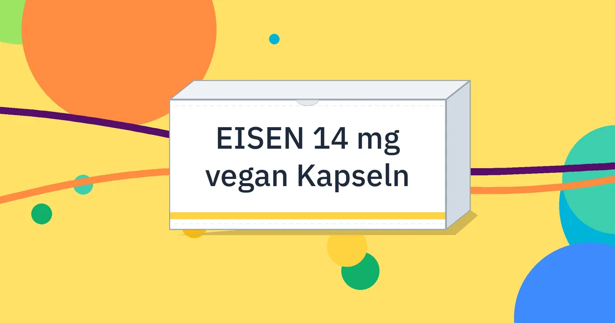 Symbolbild: Packung mit der Aufschrift EISEN 14 mg vegan Kapseln (PZN 20700892) – Verfügbarkeit und Bezug in Apotheken in Frankfurt am Main