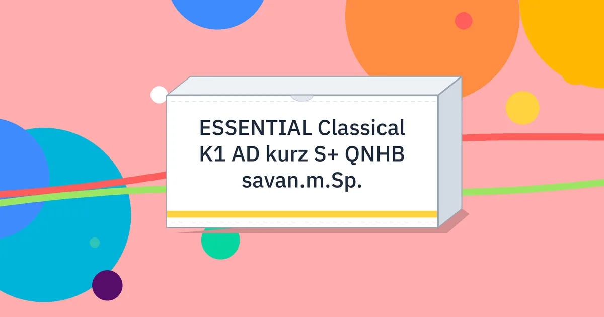 Symbolbild: Packung mit der Aufschrift ESSENTIAL Classical K1 AD kurz S+ QNHB savan.m.Sp. (PZN 18867171) – Verfügbarkeit und Bezug in Apotheken in Frankfurt am Main
