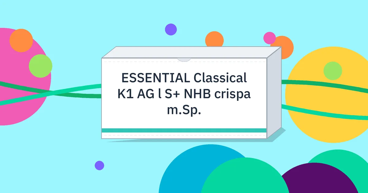 Symbolbild: Packung mit der Aufschrift ESSENTIAL Classical K1 AG l S+ NHB crispa m.Sp. (PZN 17003103) – Verfügbarkeit und Bezug in Apotheken in Frankfurt am Main