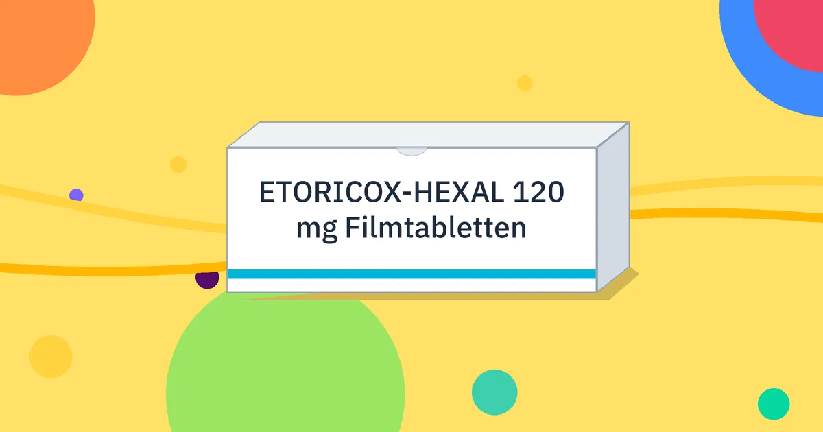 Symbolbild: Packung mit der Aufschrift ETORICOX-HEXAL 120 mg Filmtabletten (PZN 11872329) – Verfügbarkeit und Bezug in Apotheken in Frankfurt am Main