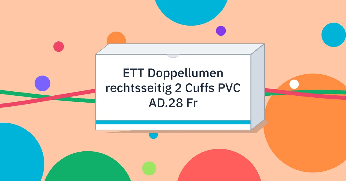 Symbolbild: Packung mit der Aufschrift ETT Doppellumen rechtsseitig 2 Cuffs PVC AD.28 Fr (PZN 19121568) – Verfügbarkeit und Bezug in Apotheken in Frankfurt am Main