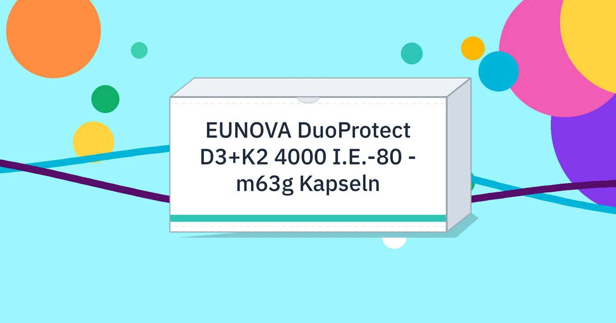 Symbolbild: Packung mit der Aufschrift EUNOVA DuoProtect D3+K2 4000 I.E.-80 -m63g Kapseln (PZN 14133555) – Verfügbarkeit und Bezug in Apotheken in Frankfurt am Main