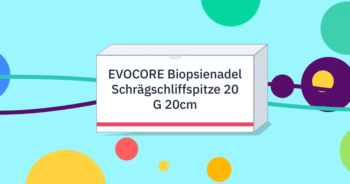 Symbolbild: Packung mit der Aufschrift EVOCORE Biopsienadel Schrägschliffspitze 20 G 20cm (PZN 11655365) – Verfügbarkeit und Bezug in Apotheken in Frankfurt am Main