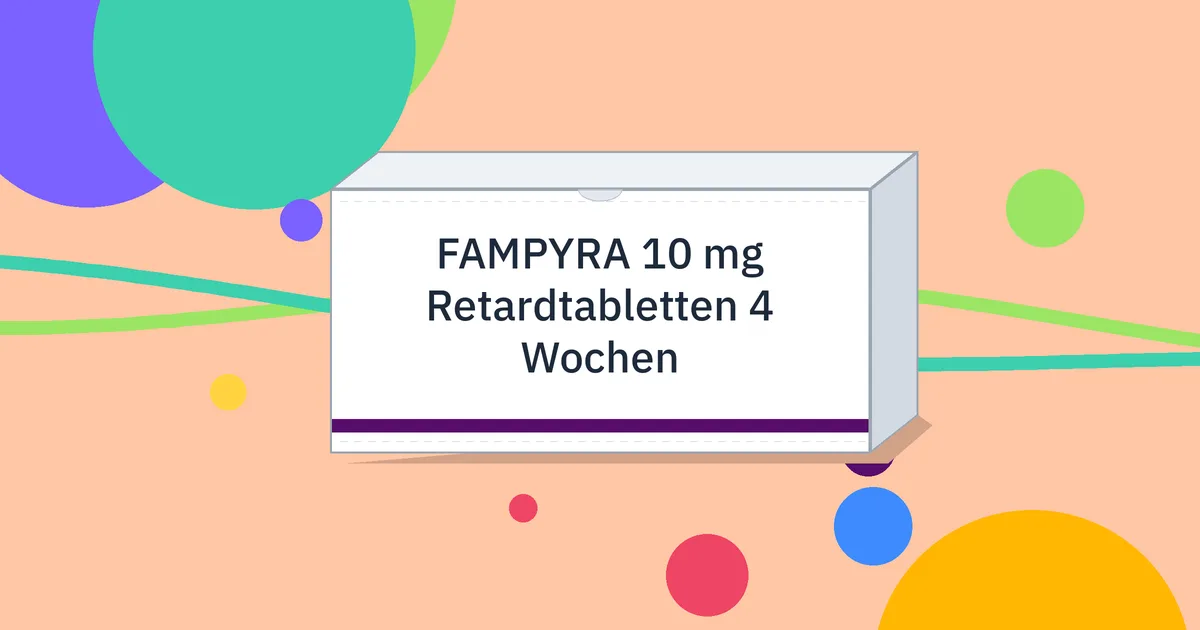 Symbolbild: Packung mit der Aufschrift FAMPYRA 10 mg Retardtabletten 4 Wochen (PZN 20367524) – Verfügbarkeit und Bezug in Apotheken in Frankfurt am Main