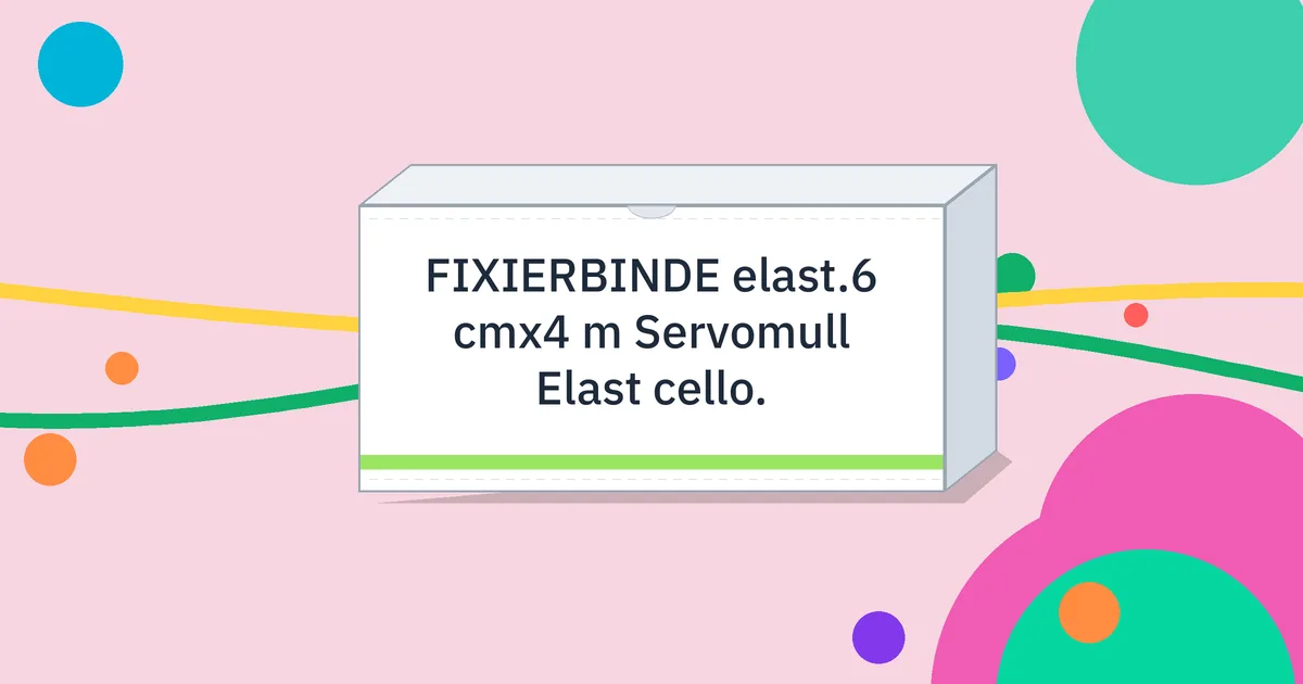Symbolbild: Packung mit der Aufschrift FIXIERBINDE elast.6 cmx4 m Servomull Elast cello. (PZN 03396642) – Verfügbarkeit und Bezug in Apotheken in Frankfurt am Main