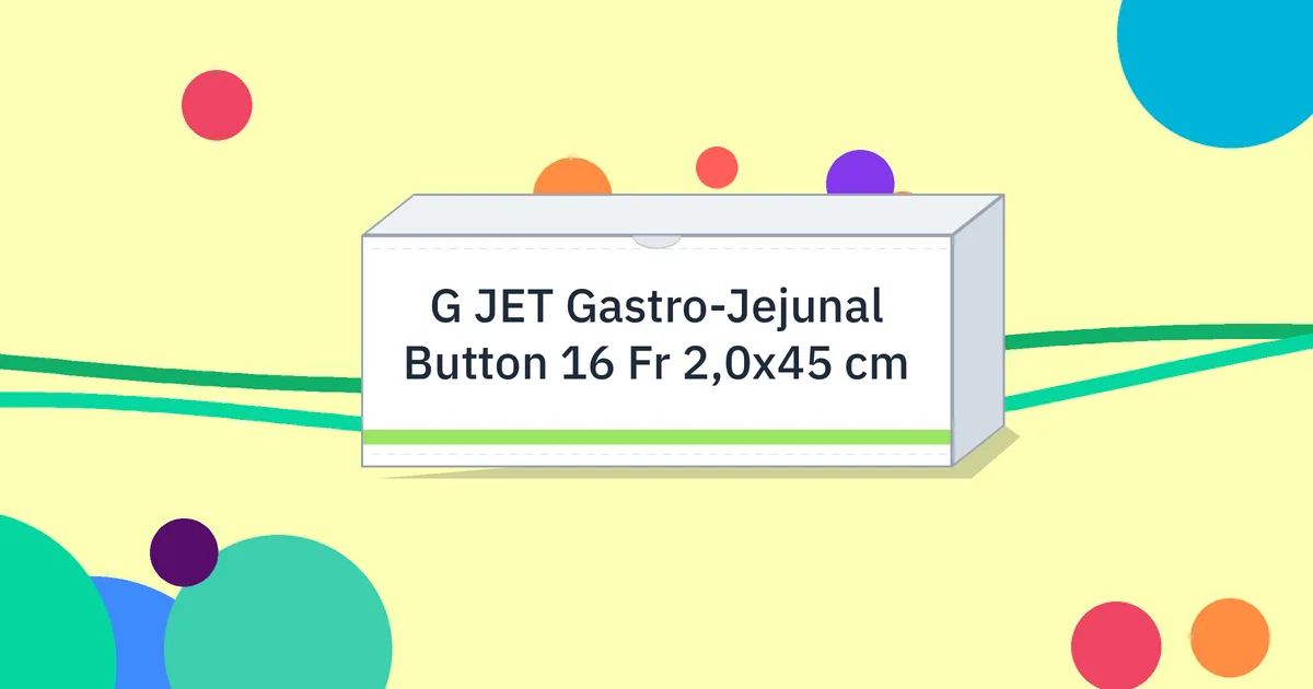 Symbolbild: Packung mit der Aufschrift G JET Gastro-Jejunal Button 16 Fr 2,0x45 cm (PZN 14343123) – Verfügbarkeit und Bezug in Apotheken in Frankfurt am Main