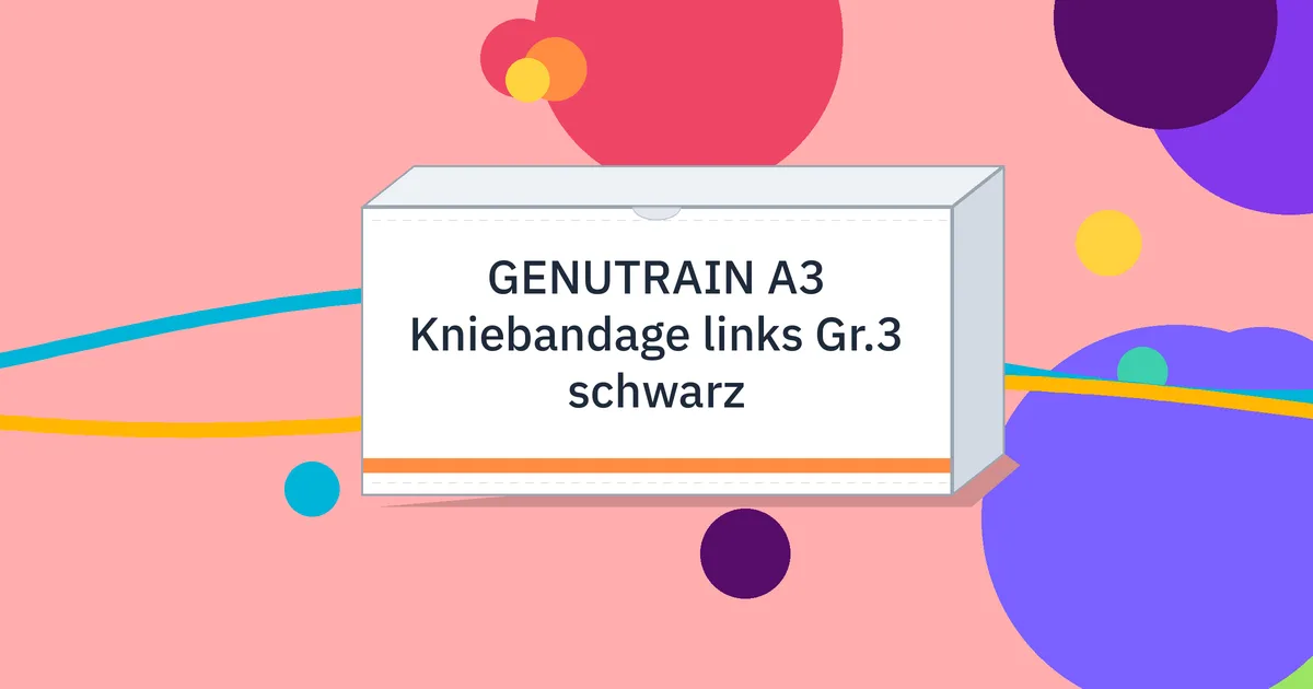 Symbolbild: Packung mit der Aufschrift GENUTRAIN A3 Kniebandage links Gr.3 schwarz (PZN 19100106) – Verfügbarkeit und Bezug in Apotheken in Frankfurt am Main