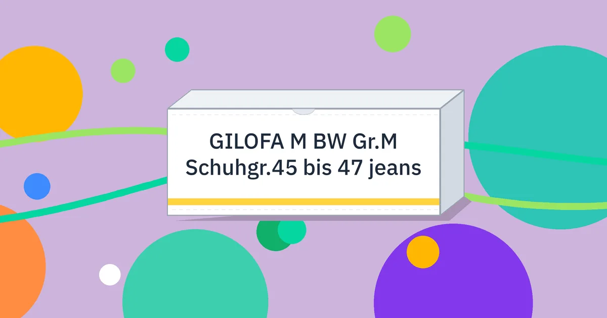 Symbolbild: Packung mit der Aufschrift GILOFA M BW Gr.M Schuhgr.45 bis 47 jeans (PZN 16724929) – Verfügbarkeit und Bezug in Apotheken in Frankfurt am Main