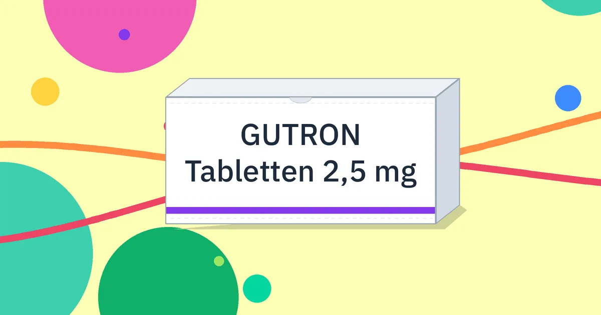 Symbolbild: Packung mit der Aufschrift GUTRON Tabletten 2,5 mg (PZN 03928487) – Verfügbarkeit und Bezug in Apotheken in Frankfurt am Main