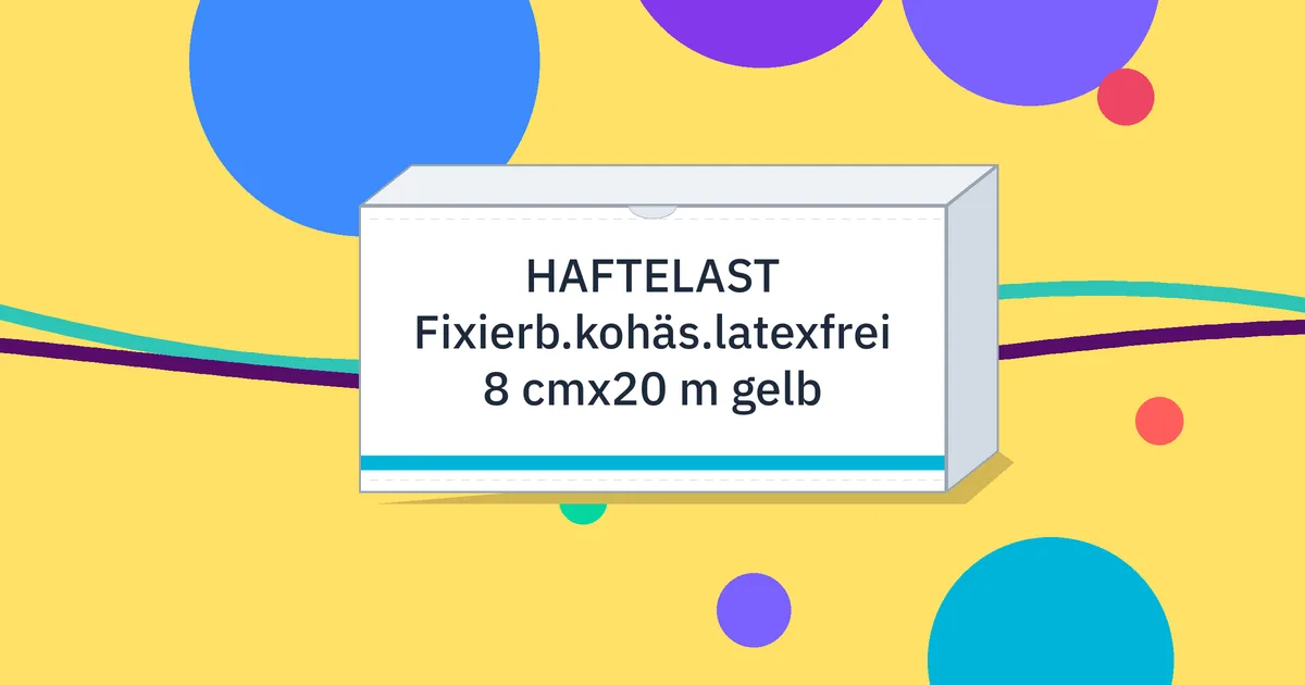 Symbolbild: Packung mit der Aufschrift HAFTELAST Fixierb.kohäs.latexfrei 8 cmx20 m gelb (PZN 15998406) – Verfügbarkeit und Bezug in Apotheken in Frankfurt am Main