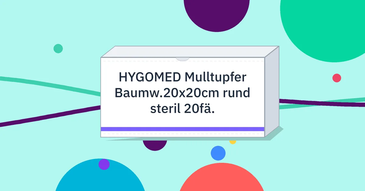 Symbolbild: Packung mit der Aufschrift HYGOMED Mulltupfer Baumw.20x20cm rund steril 20fä. (PZN 20382937) – Verfügbarkeit und Bezug in Apotheken in Frankfurt am Main