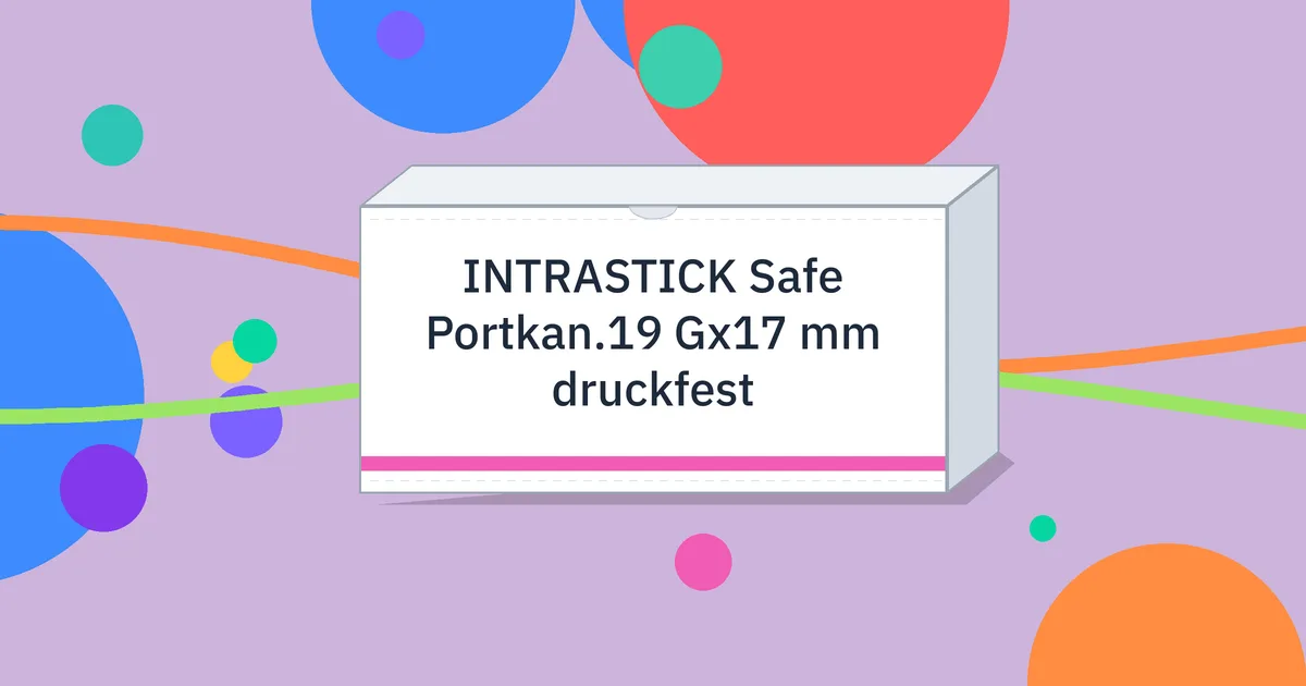 Symbolbild: Packung mit der Aufschrift INTRASTICK Safe Portkan.19 Gx17 mm druckfest (PZN 09314993) – Verfügbarkeit und Bezug in Apotheken in Frankfurt am Main