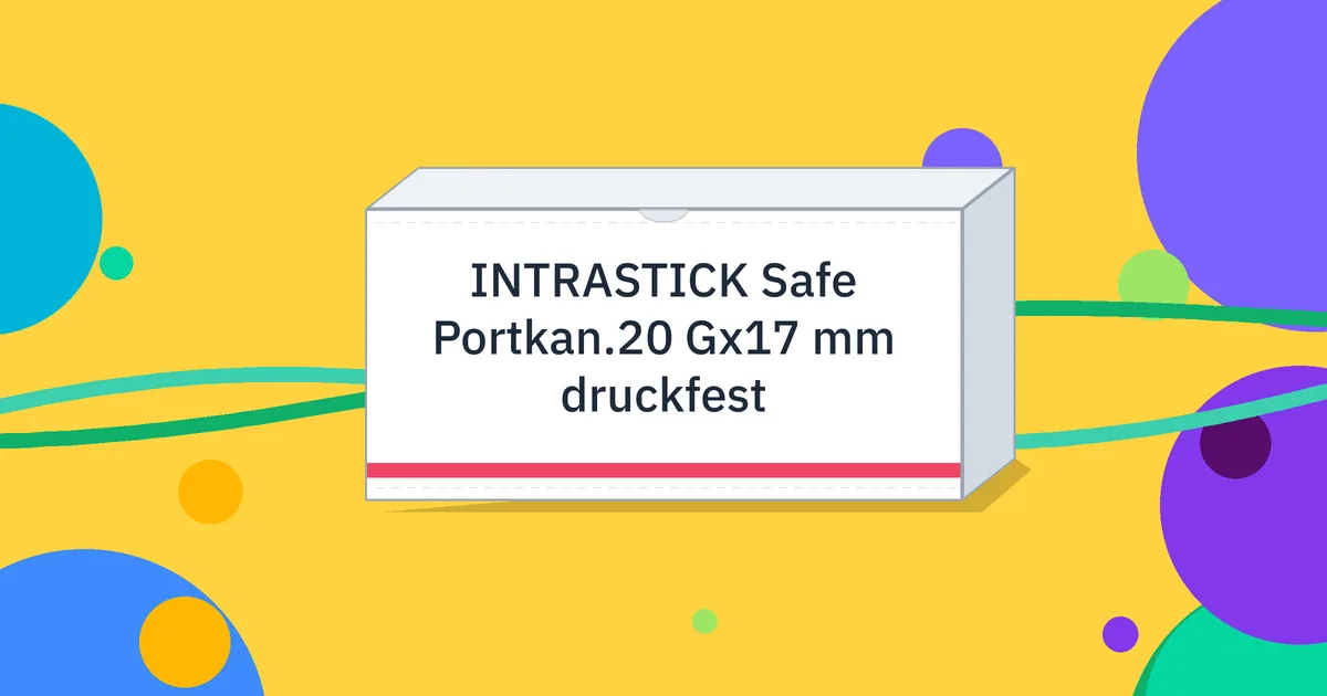 Symbolbild: Packung mit der Aufschrift INTRASTICK Safe Portkan.20 Gx17 mm druckfest (PZN 09315047) – Verfügbarkeit und Bezug in Apotheken in Frankfurt am Main