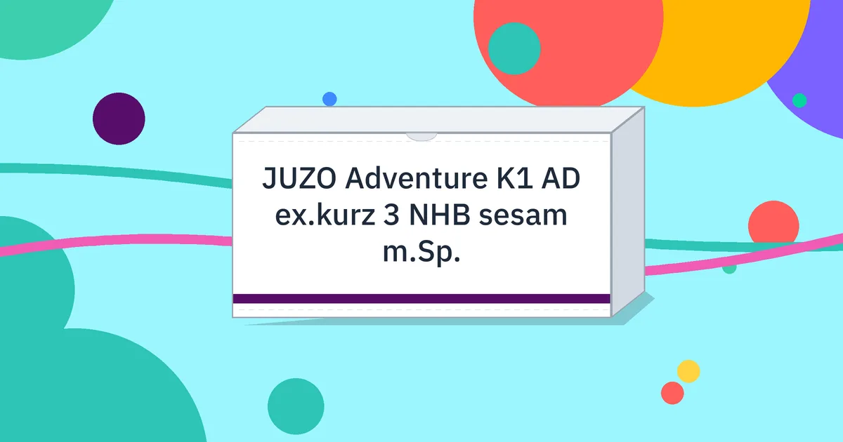 Symbolbild: Packung mit der Aufschrift JUZO Adventure K1 AD ex.kurz 3 NHB sesam m.Sp. (PZN 16493772) – Verfügbarkeit und Bezug in Apotheken in Frankfurt am Main