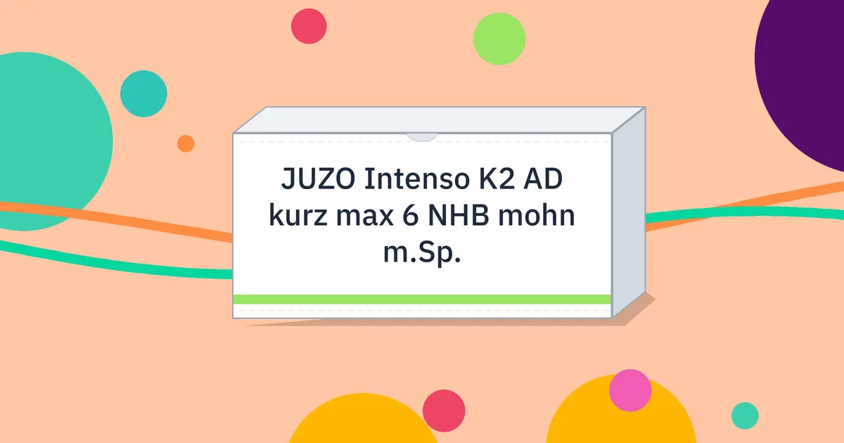 Symbolbild: Packung mit der Aufschrift JUZO Intenso K2 AD kurz max 6 NHB mohn m.Sp. (PZN 18612413) – Verfügbarkeit und Bezug in Apotheken in Frankfurt am Main