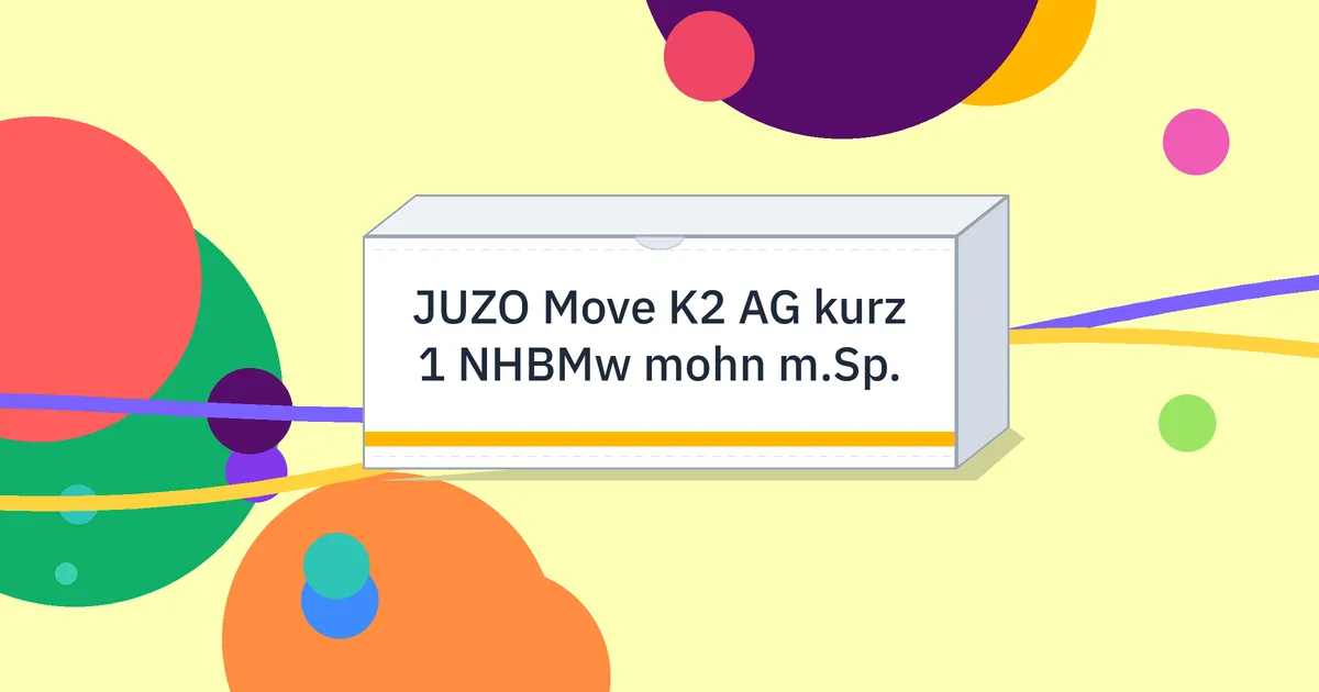 Symbolbild: Packung mit der Aufschrift JUZO Move K2 AG kurz 1 NHBMw mohn m.Sp. (PZN 18559104) – Verfügbarkeit und Bezug in Apotheken in Frankfurt am Main