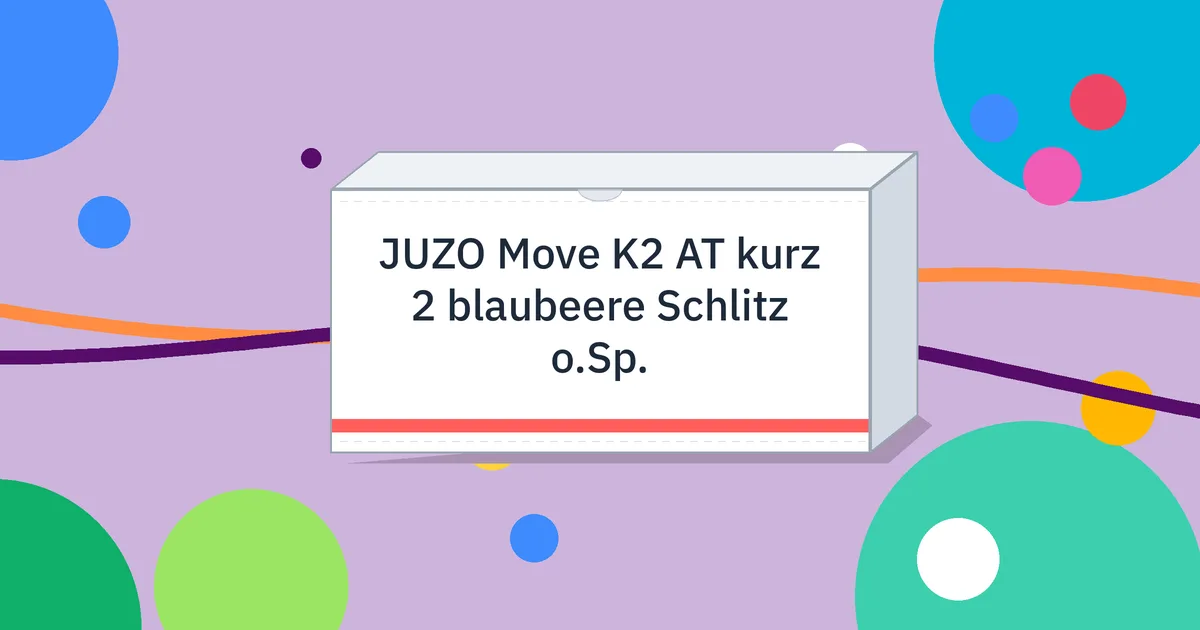 Symbolbild: Packung mit der Aufschrift JUZO Move K2 AT kurz 2 blaubeere Schlitz o.Sp. (PZN 20676484) – Verfügbarkeit und Bezug in Apotheken in Frankfurt am Main