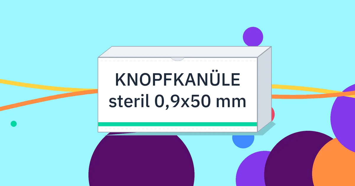 Symbolbild: Packung mit der Aufschrift KNOPFKANÜLE steril 0,9x50 mm (PZN 18073896) – Verfügbarkeit und Bezug in Apotheken in Frankfurt am Main
