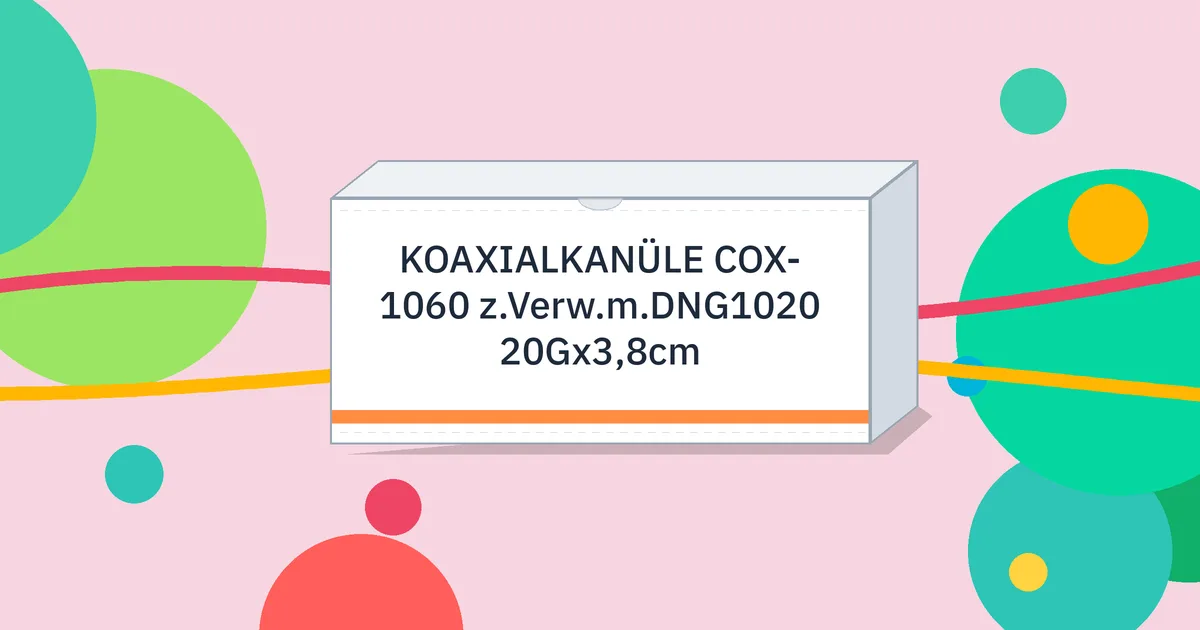Symbolbild: Packung mit der Aufschrift KOAXIALKANÜLE COX-1060 z.Verw.m.DNG1020 20Gx3,8cm (PZN 00284368) – Verfügbarkeit und Bezug in Apotheken in Frankfurt am Main