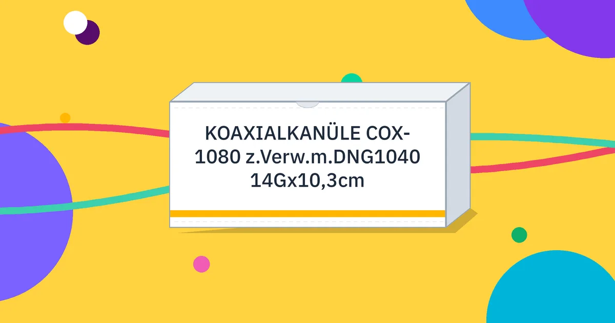 Symbolbild: Packung mit der Aufschrift KOAXIALKANÜLE COX-1080 z.Verw.m.DNG1040 14Gx10,3cm (PZN 00284730) – Verfügbarkeit und Bezug in Apotheken in Frankfurt am Main