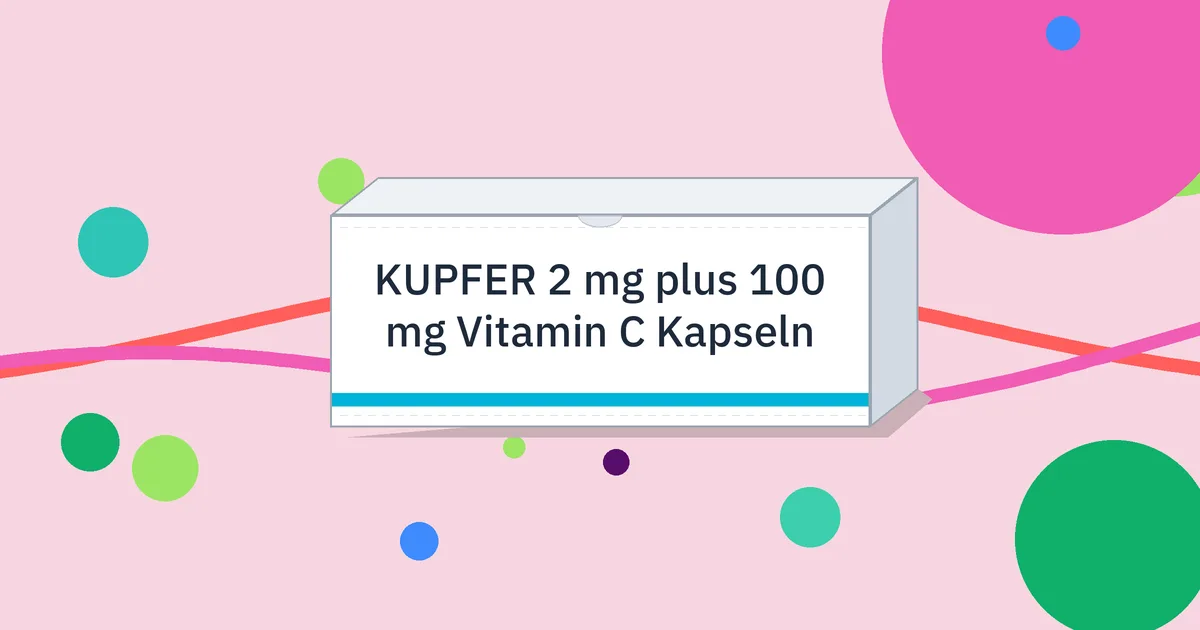 Symbolbild: Packung mit der Aufschrift KUPFER 2 mg plus 100 mg Vitamin C Kapseln (PZN 15737479) – Verfügbarkeit und Bezug in Apotheken in Frankfurt am Main