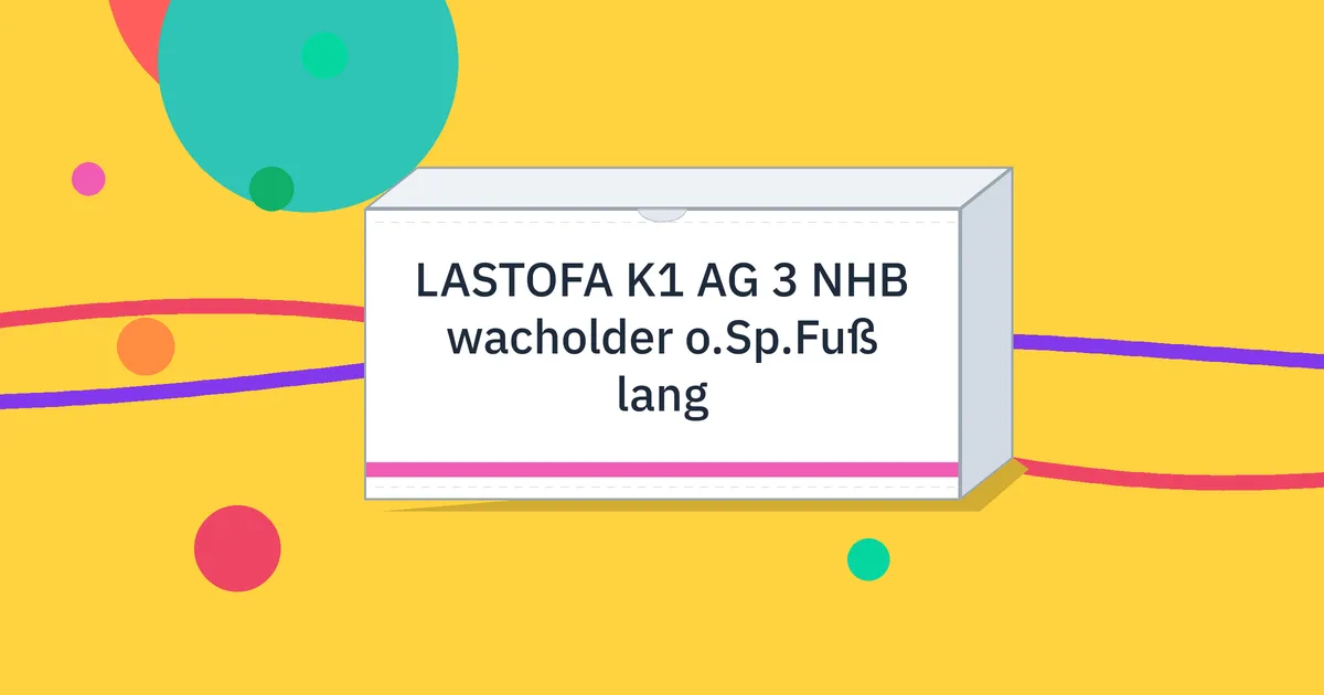 Symbolbild: Packung mit der Aufschrift LASTOFA K1 AG 3 NHB wacholder o.Sp.Fuß lang (PZN 14148261) – Verfügbarkeit und Bezug in Apotheken in Frankfurt am Main