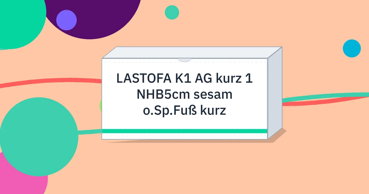 Symbolbild: Packung mit der Aufschrift LASTOFA K1 AG kurz 1 NHB5cm sesam o.Sp.Fuß kurz (PZN 13789236) – Verfügbarkeit und Bezug in Apotheken in Frankfurt am Main