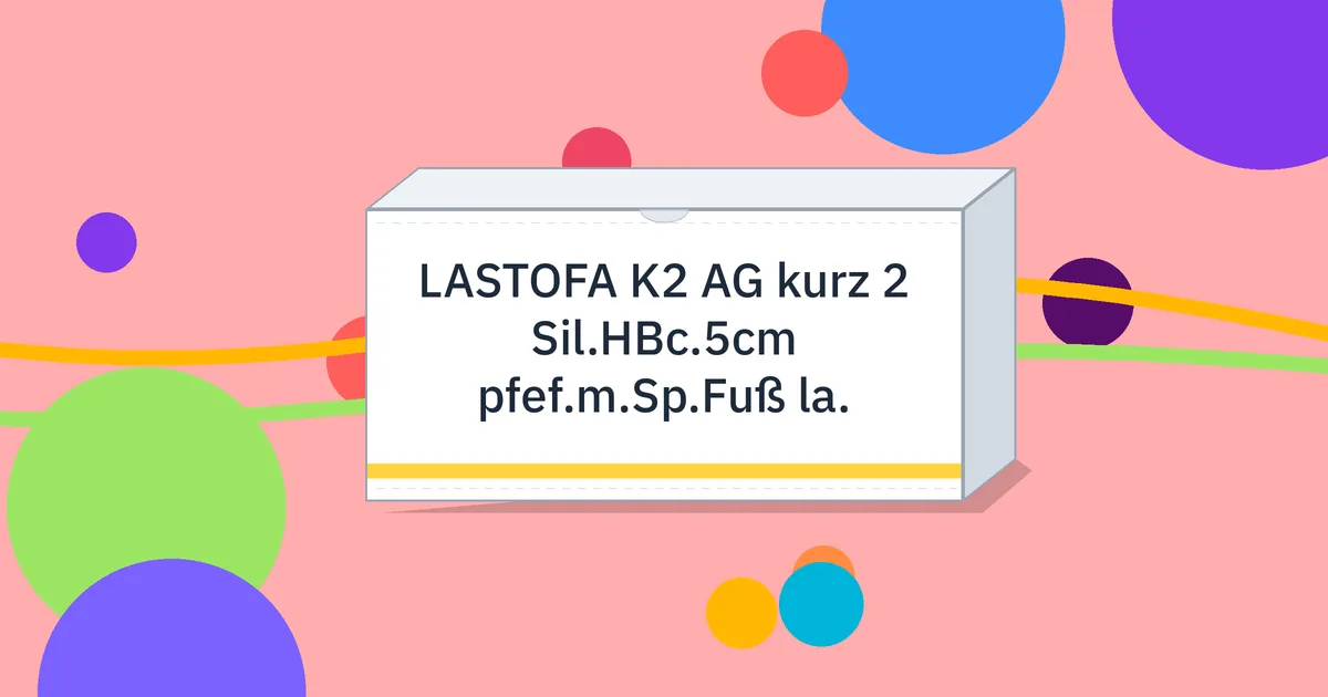 Symbolbild: Packung mit der Aufschrift LASTOFA K2 AG kurz 2 Sil.HBc.5cm pfef.m.Sp.Fuß la. (PZN 13803723) – Verfügbarkeit und Bezug in Apotheken in Frankfurt am Main
