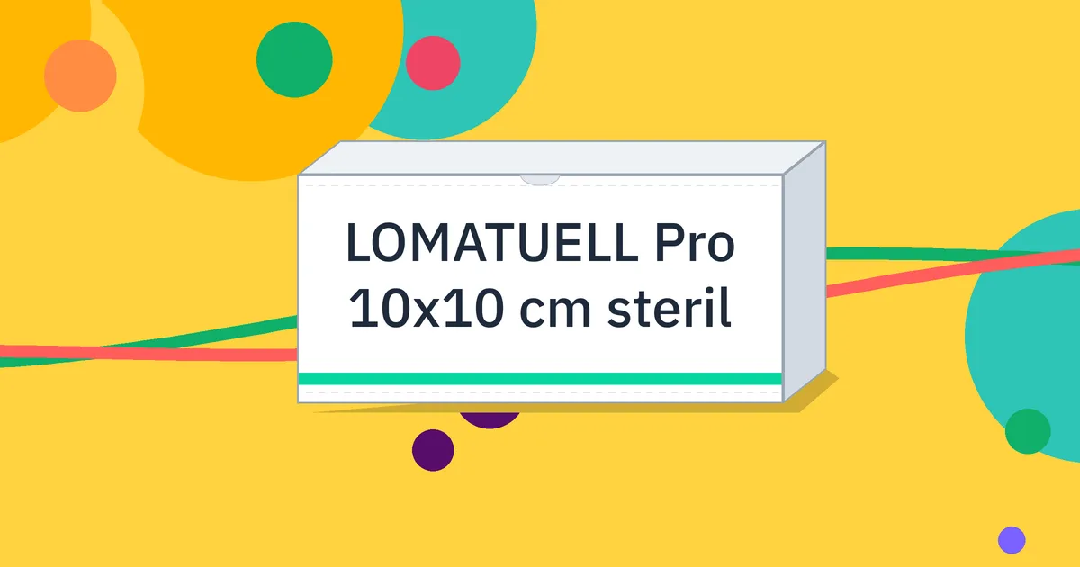 Symbolbild: Packung mit der Aufschrift LOMATUELL Pro 10x10 cm steril (PZN 17434688) – Verfügbarkeit und Bezug in Apotheken in Frankfurt am Main
