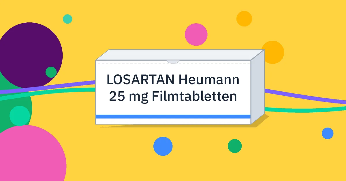 Symbolbild: Packung mit der Aufschrift LOSARTAN Heumann 25 mg Filmtabletten (PZN 12658265) – Verfügbarkeit und Bezug in Apotheken in Frankfurt am Main