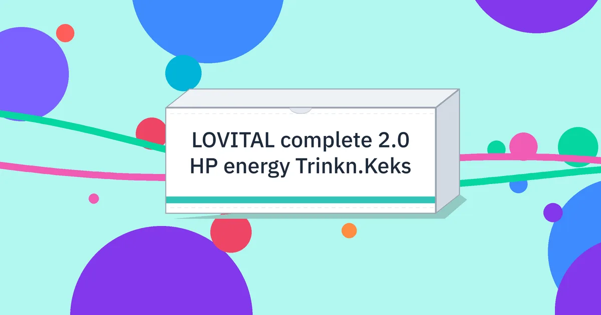 Symbolbild: Packung mit der Aufschrift LOVITAL complete 2.0 HP energy Trinkn.Keks (PZN 20629562) – Verfügbarkeit und Bezug in Apotheken in Frankfurt am Main