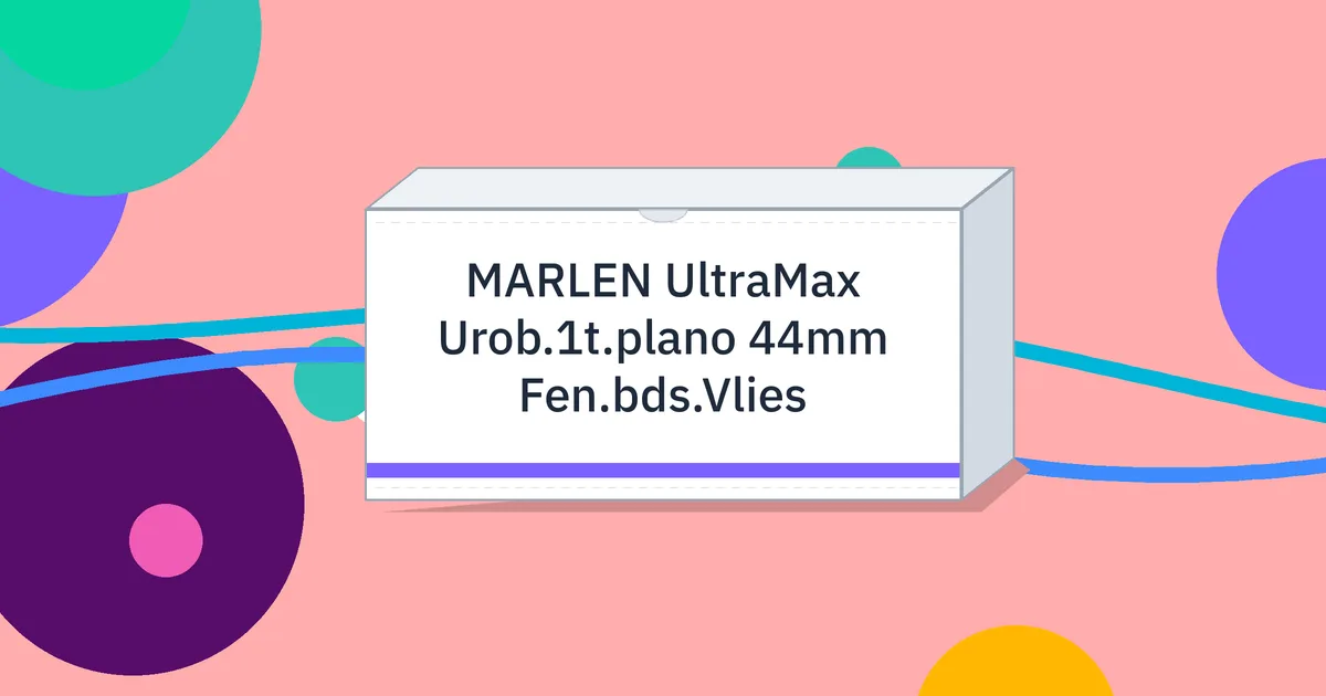 Symbolbild: Packung mit der Aufschrift MARLEN UltraMax Urob.1t.plano 44mm Fen.bds.Vlies (PZN 10741393) – Verfügbarkeit und Bezug in Apotheken in Frankfurt am Main