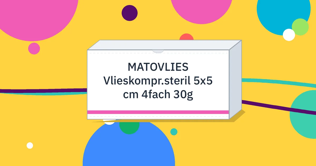 Symbolbild: Packung mit der Aufschrift MATOVLIES Vlieskompr.steril 5x5 cm 4fach 30g (PZN 00589932) – Verfügbarkeit und Bezug in Apotheken in Frankfurt am Main