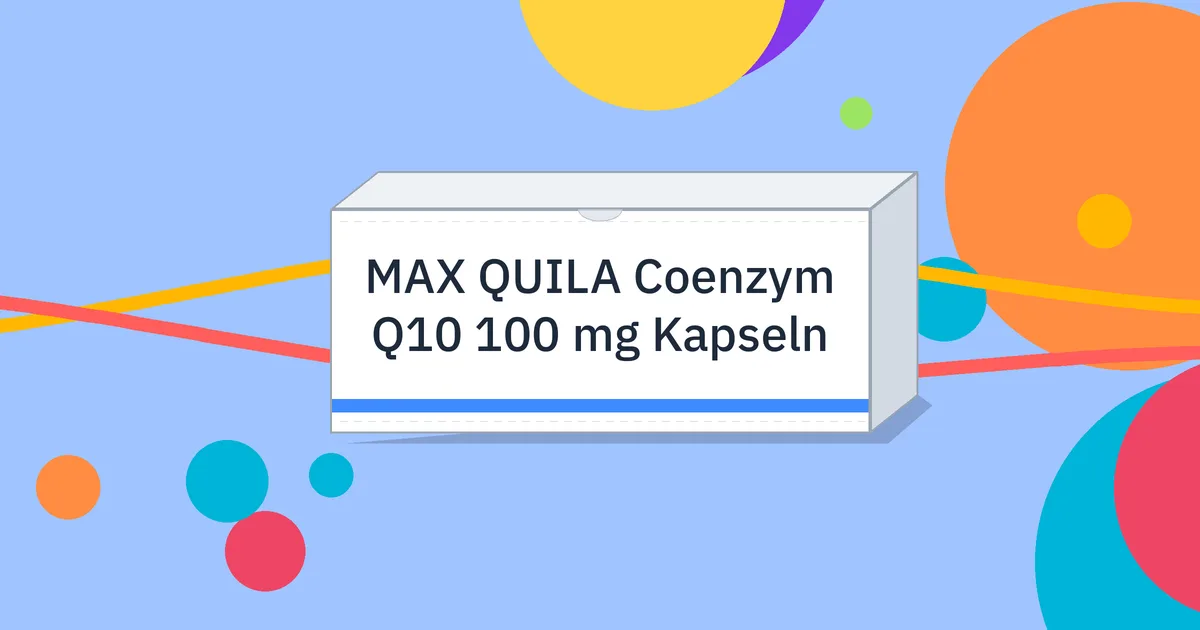 Symbolbild: Packung mit der Aufschrift MAX QUILA Coenzym Q10 100 mg Kapseln (PZN 18805164) – Verfügbarkeit und Bezug in Apotheken in Frankfurt am Main