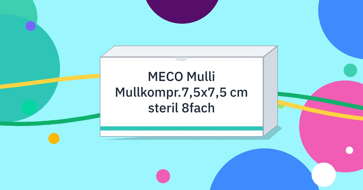 Symbolbild: Packung mit der Aufschrift MECO Mulli Mullkompr.7,5x7,5 cm steril 8fach (PZN 19398703) – Verfügbarkeit und Bezug in Apotheken in Frankfurt am Main