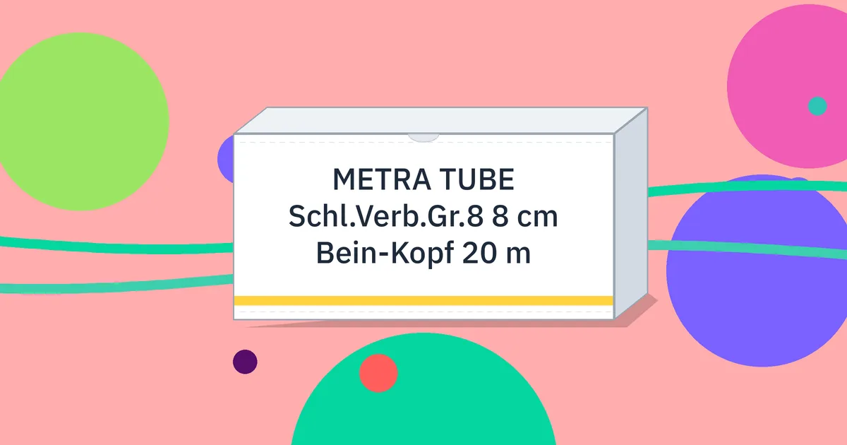 Symbolbild: Packung mit der Aufschrift METRA TUBE Schl.Verb.Gr.8 8 cm Bein-Kopf 20 m (PZN 07772585) – Verfügbarkeit und Bezug in Apotheken in Frankfurt am Main