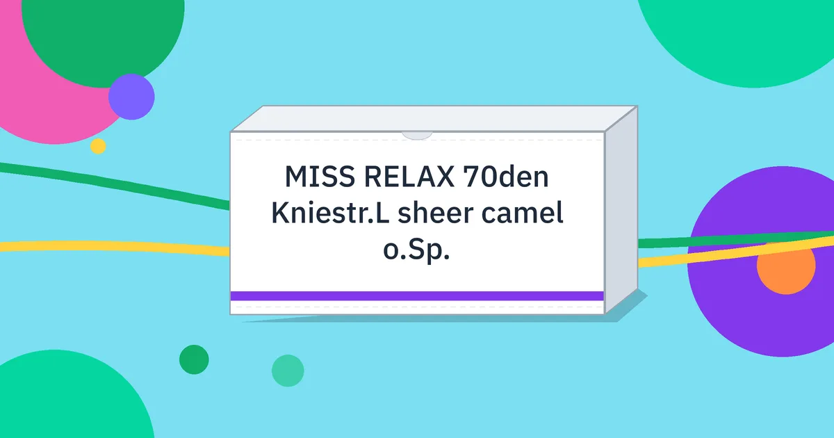 Symbolbild: Packung mit der Aufschrift MISS RELAX 70den Kniestr.L sheer camel o.Sp. (PZN 20289787) – Verfügbarkeit und Bezug in Apotheken in Frankfurt am Main