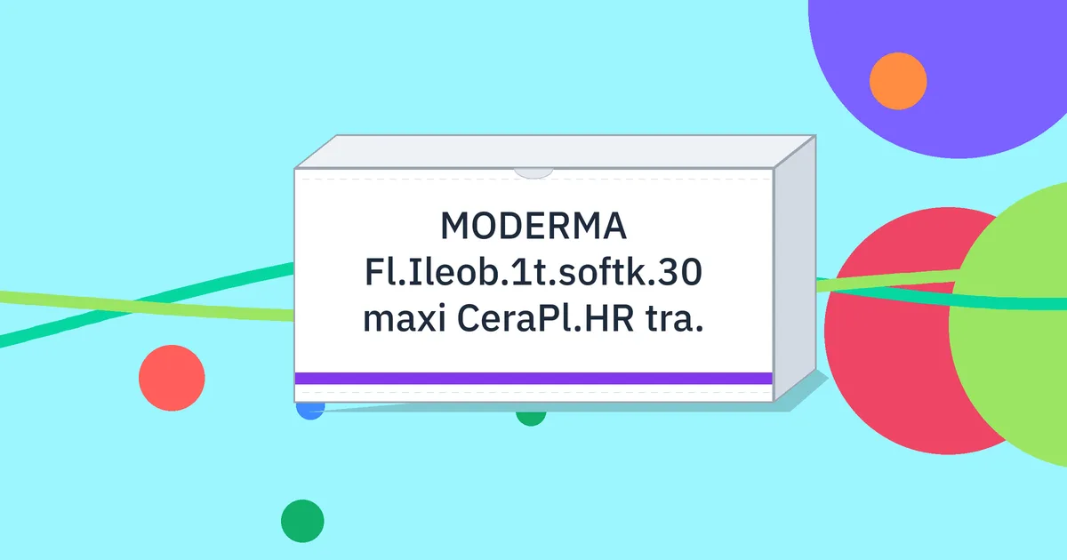 Symbolbild: Packung mit der Aufschrift MODERMA Fl.Ileob.1t.softk.30 maxi CeraPl.HR tra. (PZN 12417509) – Verfügbarkeit und Bezug in Apotheken in Frankfurt am Main