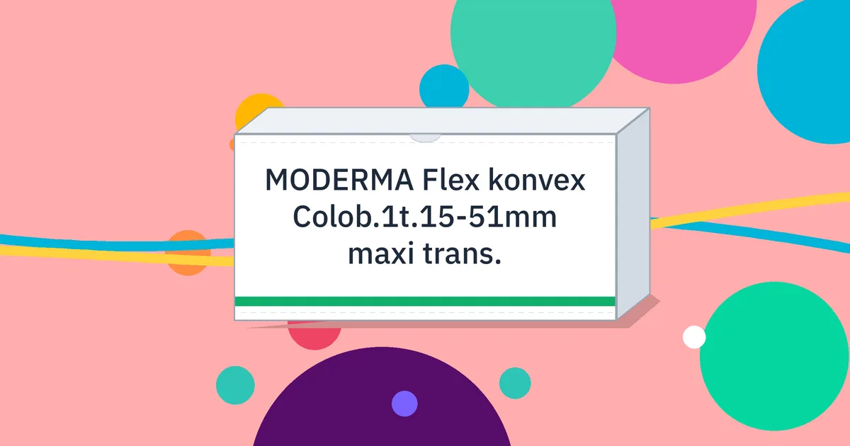 Symbolbild: Packung mit der Aufschrift MODERMA Flex konvex Colob.1t.15-51mm maxi trans. (PZN 04194768) – Verfügbarkeit und Bezug in Apotheken in Frankfurt am Main