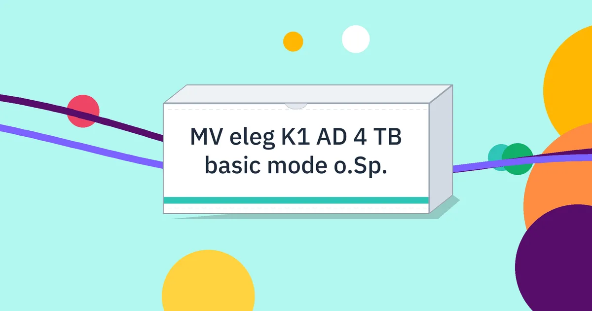 Symbolbild: Packung mit der Aufschrift MV eleg K1 AD 4 TB basic mode o.Sp. (PZN 09851811) – Verfügbarkeit und Bezug in Apotheken in Frankfurt am Main
