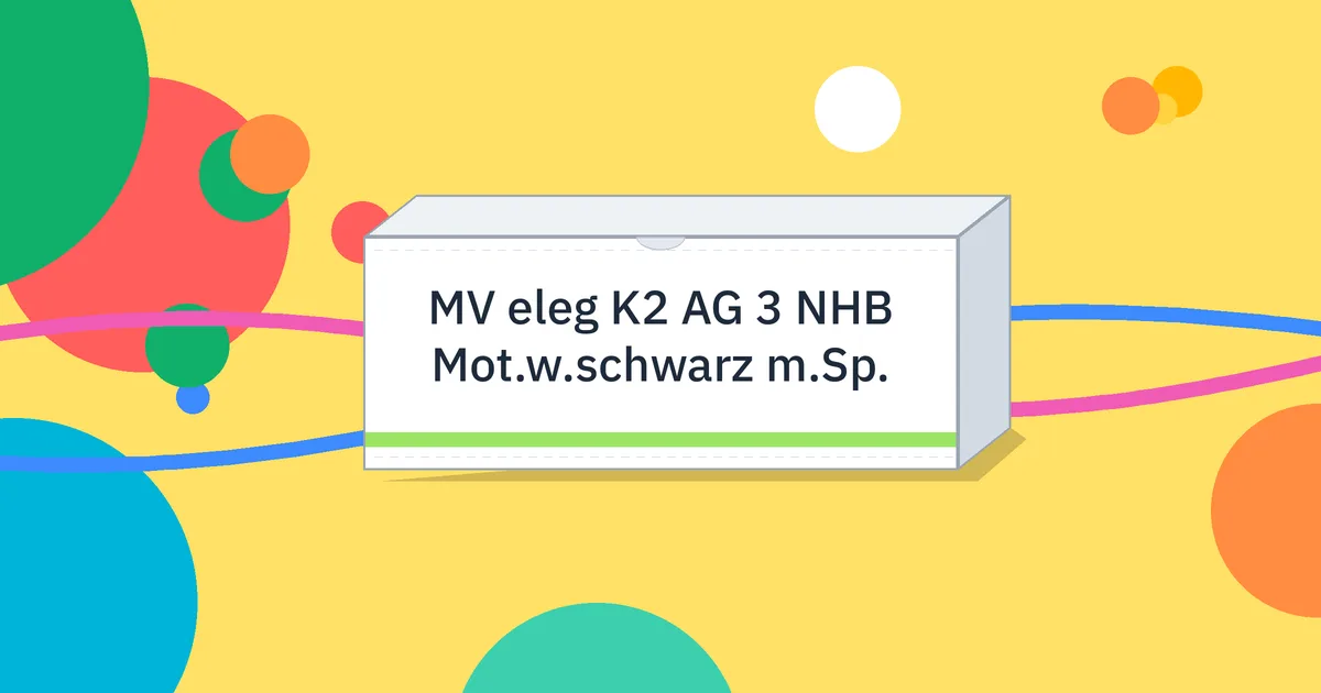 Symbolbild: Packung mit der Aufschrift MV eleg K2 AG 3 NHB Mot.w.schwarz m.Sp. (PZN 15727854) – Verfügbarkeit und Bezug in Apotheken in Frankfurt am Main