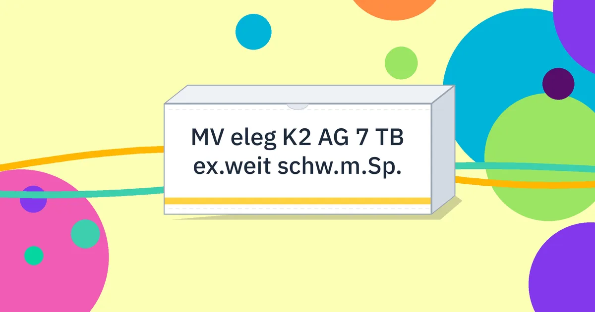 Symbolbild: Packung mit der Aufschrift MV eleg K2 AG 7 TB ex.weit schw.m.Sp. (PZN 09878112) – Verfügbarkeit und Bezug in Apotheken in Frankfurt am Main