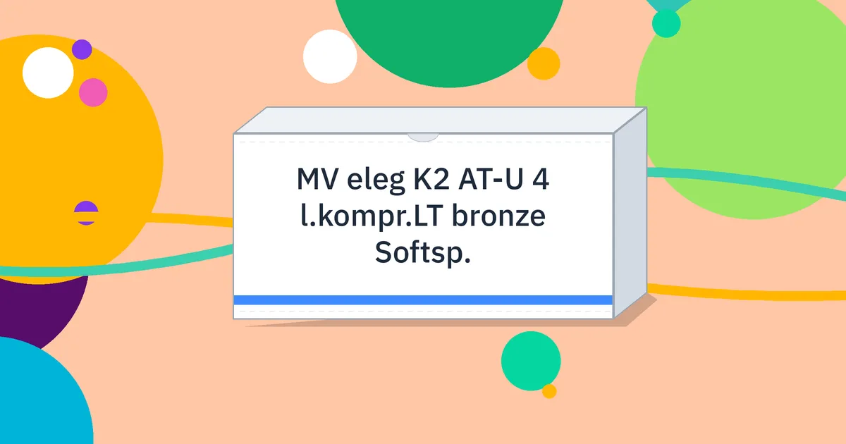 Symbolbild: Packung mit der Aufschrift MV eleg K2 AT-U 4 l.kompr.LT bronze Softsp. (PZN 15289495) – Verfügbarkeit und Bezug in Apotheken in Frankfurt am Main