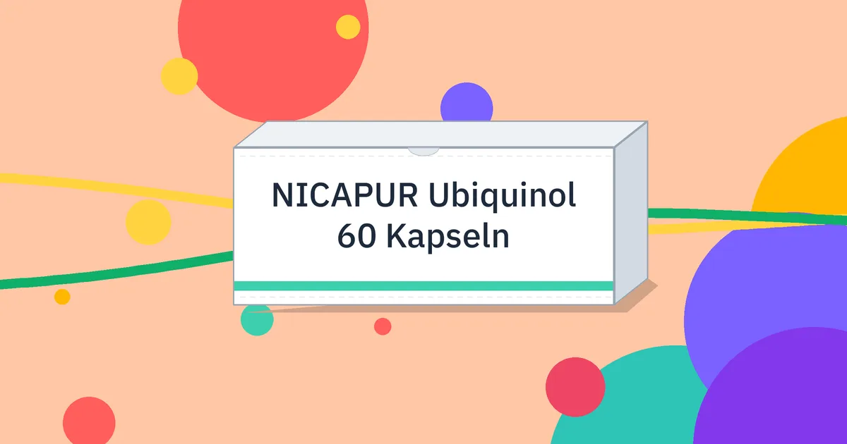 Symbolbild: Packung mit der Aufschrift NICAPUR Ubiquinol 60 Kapseln (PZN 11648508) – Verfügbarkeit und Bezug in Apotheken in Frankfurt am Main