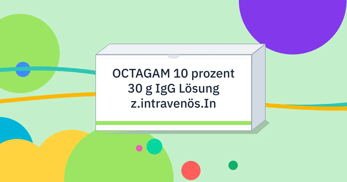Symbolbild: Packung mit der Aufschrift OCTAGAM 10 prozent 30 g IgG Lösung z.intravenös.In (PZN 16243271) – Verfügbarkeit und Bezug in Apotheken in Frankfurt am Main