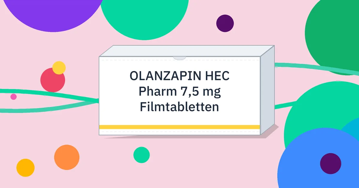 Symbolbild: Packung mit der Aufschrift OLANZAPIN HEC Pharm 7,5 mg Filmtabletten (PZN 11882776) – Verfügbarkeit und Bezug in Apotheken in Frankfurt am Main