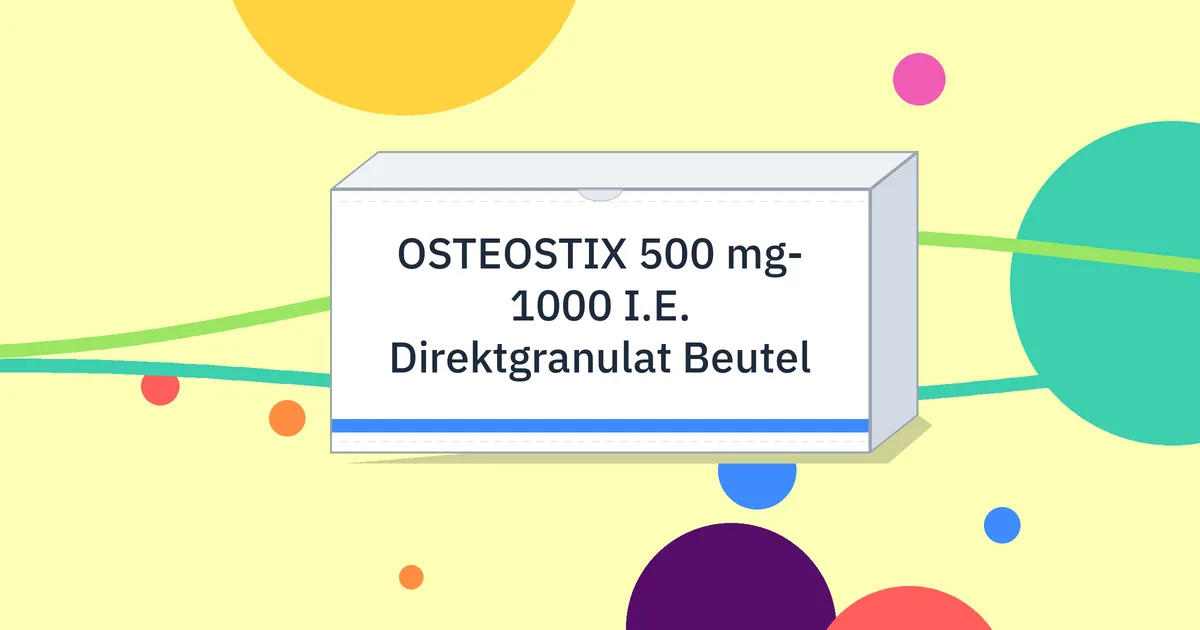 Symbolbild: Packung mit der Aufschrift OSTEOSTIX 500 mg-1000 I.E. Direktgranulat Beutel (PZN 20195135) – Verfügbarkeit und Bezug in Apotheken in Frankfurt am Main